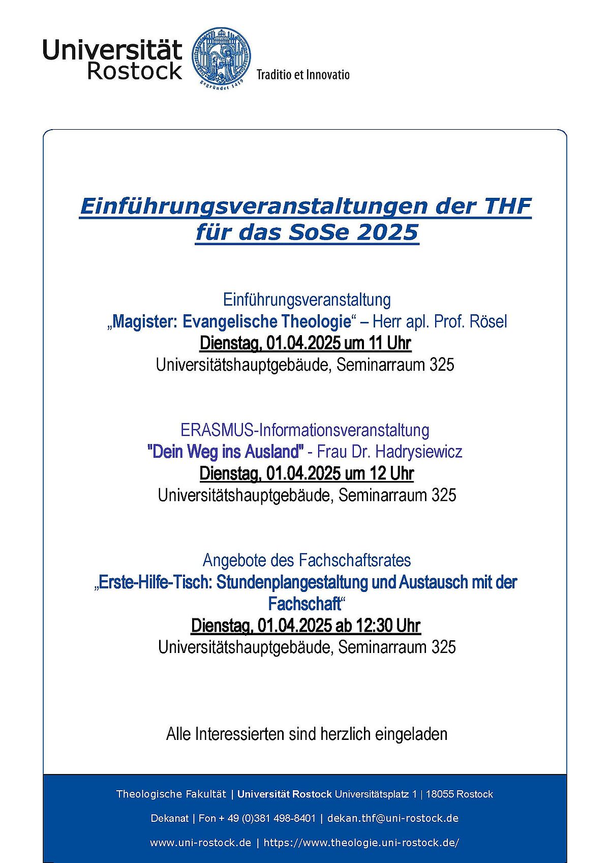 01.04.2025 - Einführungsveranstaltungen SoSe 2025 - Theologische Fakultät - Universität Rostock